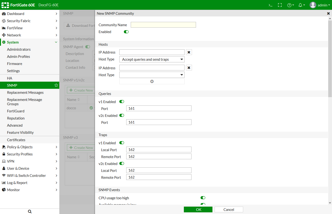 SNMP v1/v2c communities | FortiGate / FortiOS 6.2.10 | Fortinet Document Library